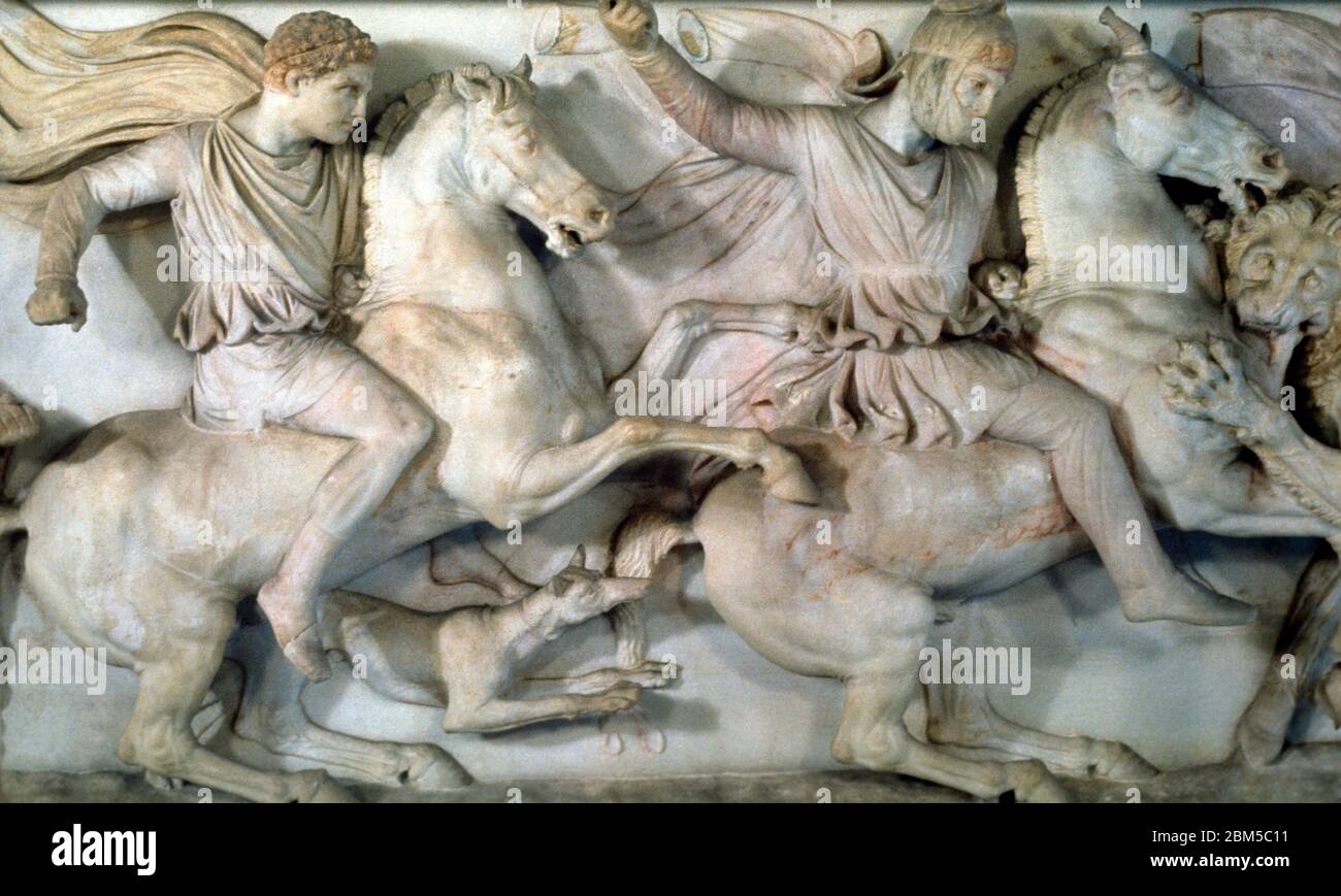 Hunting scene, detail, Alexander sarcophagus Stock Photo - Alamy