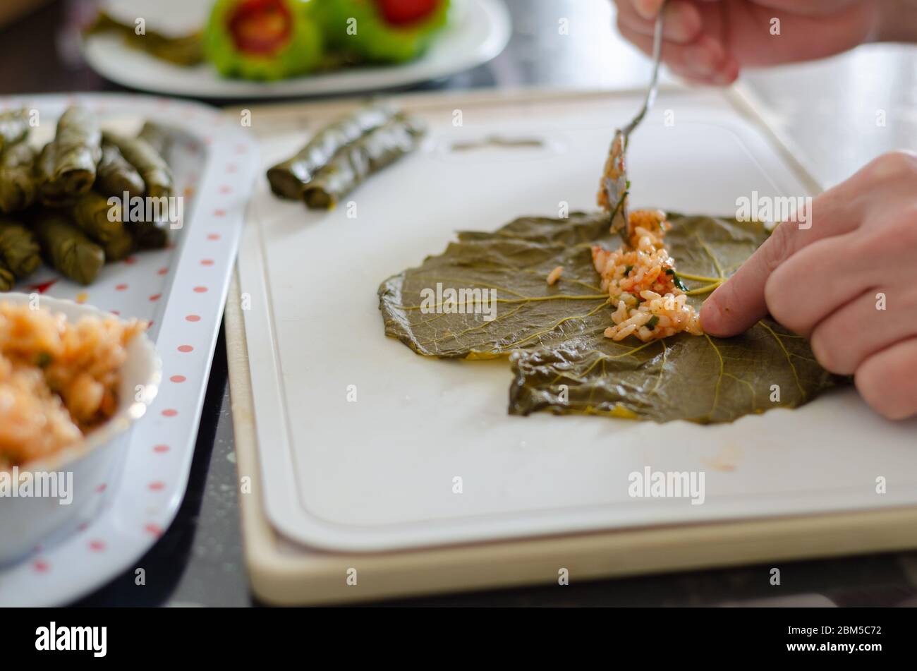 Traditional Turkish Dolma or Sarma. The woman is stuffing grapes leaves ...