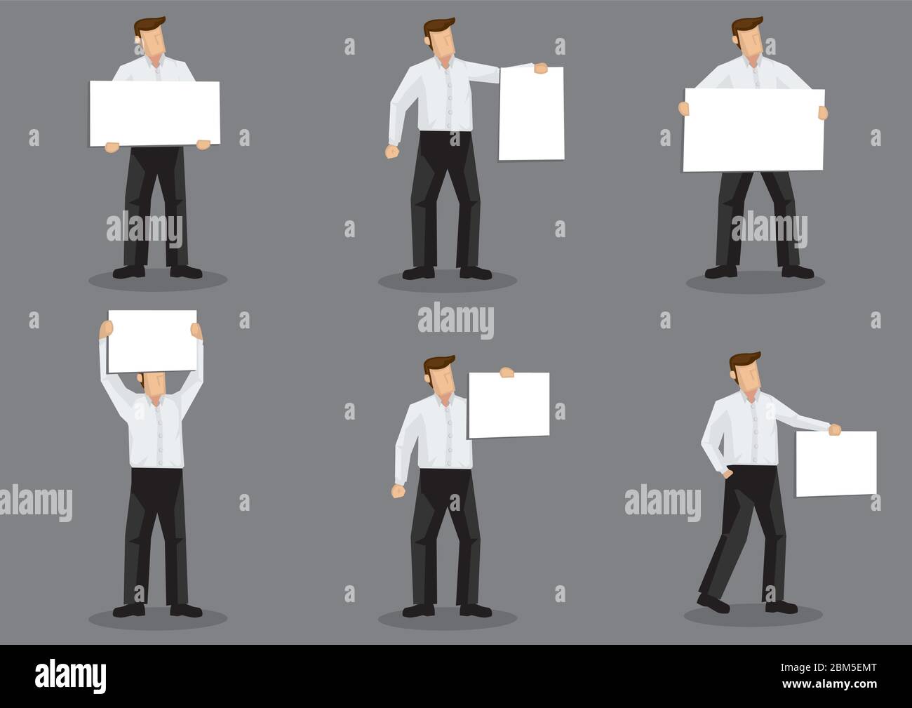 Set of six vector illustration of cartoon man character holding blank ...