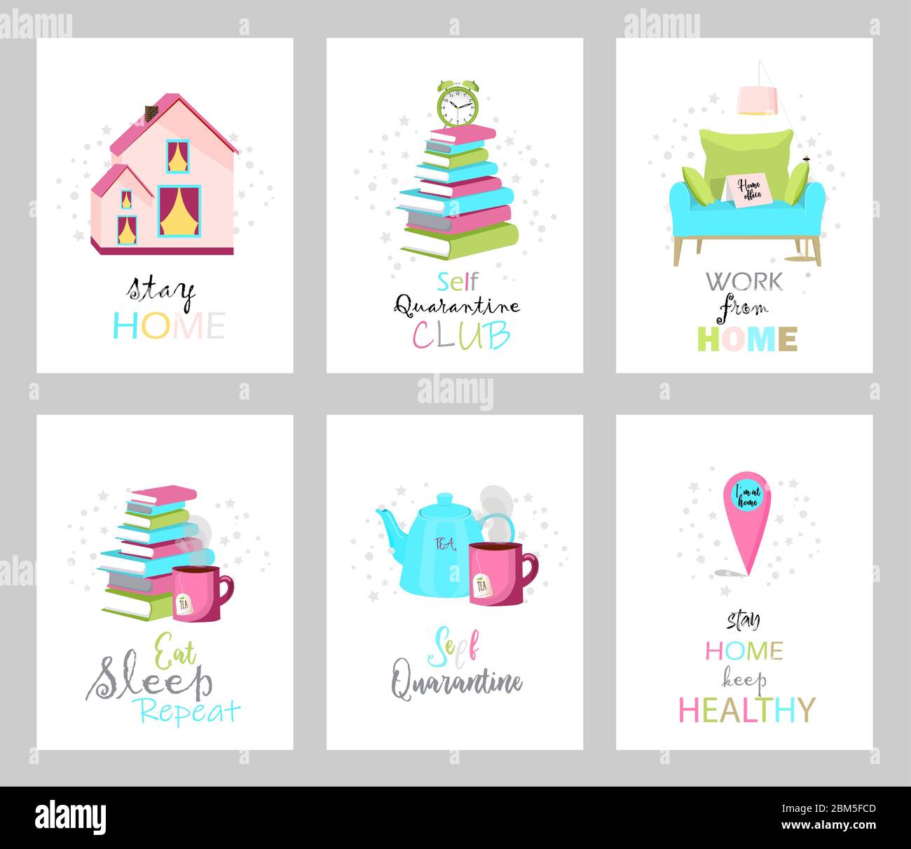 a collection of quarantine and self-isolation postcards. Vector cute ...