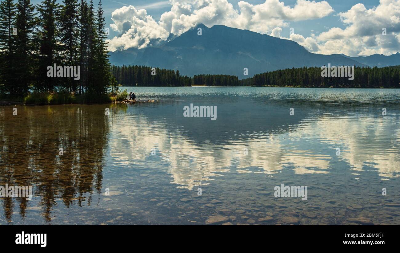Two Jake lake views, Banff National Park, Alberta, Canada Stock Photo ...