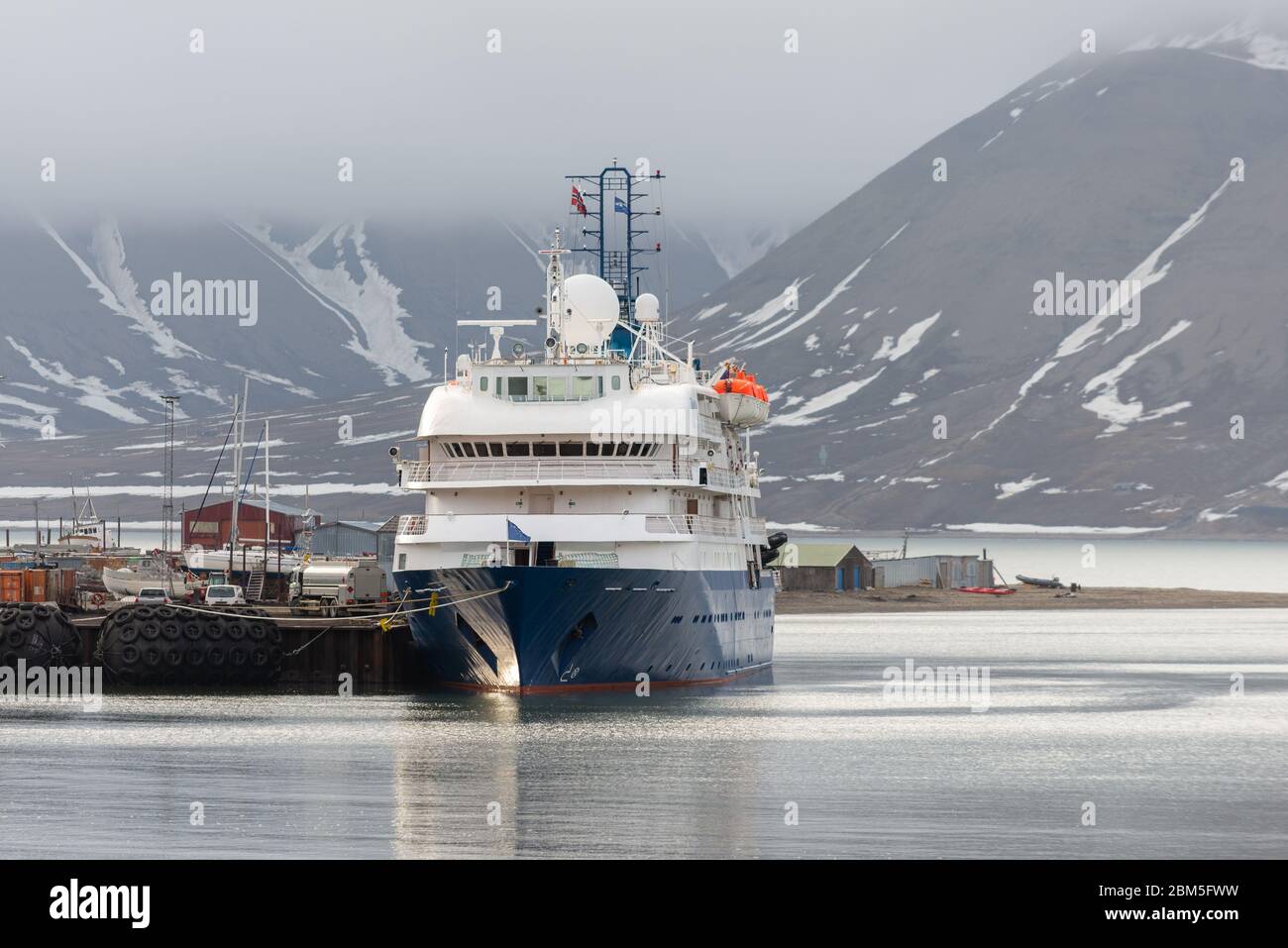 Passenger ship moored in port of Longyearbyen view from forward Stock ...