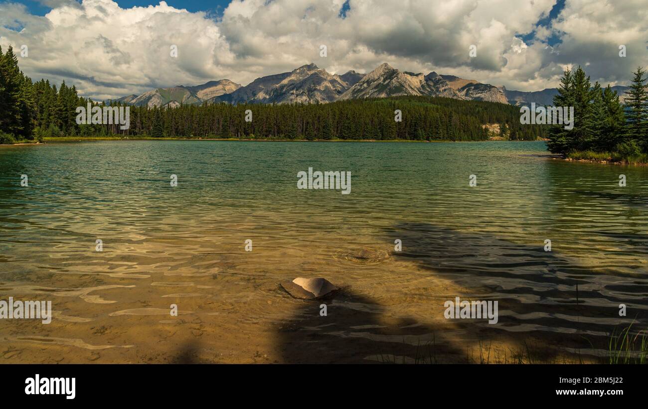 Two Jake lake views, Banff National Park, Alberta, Canada Stock Photo ...