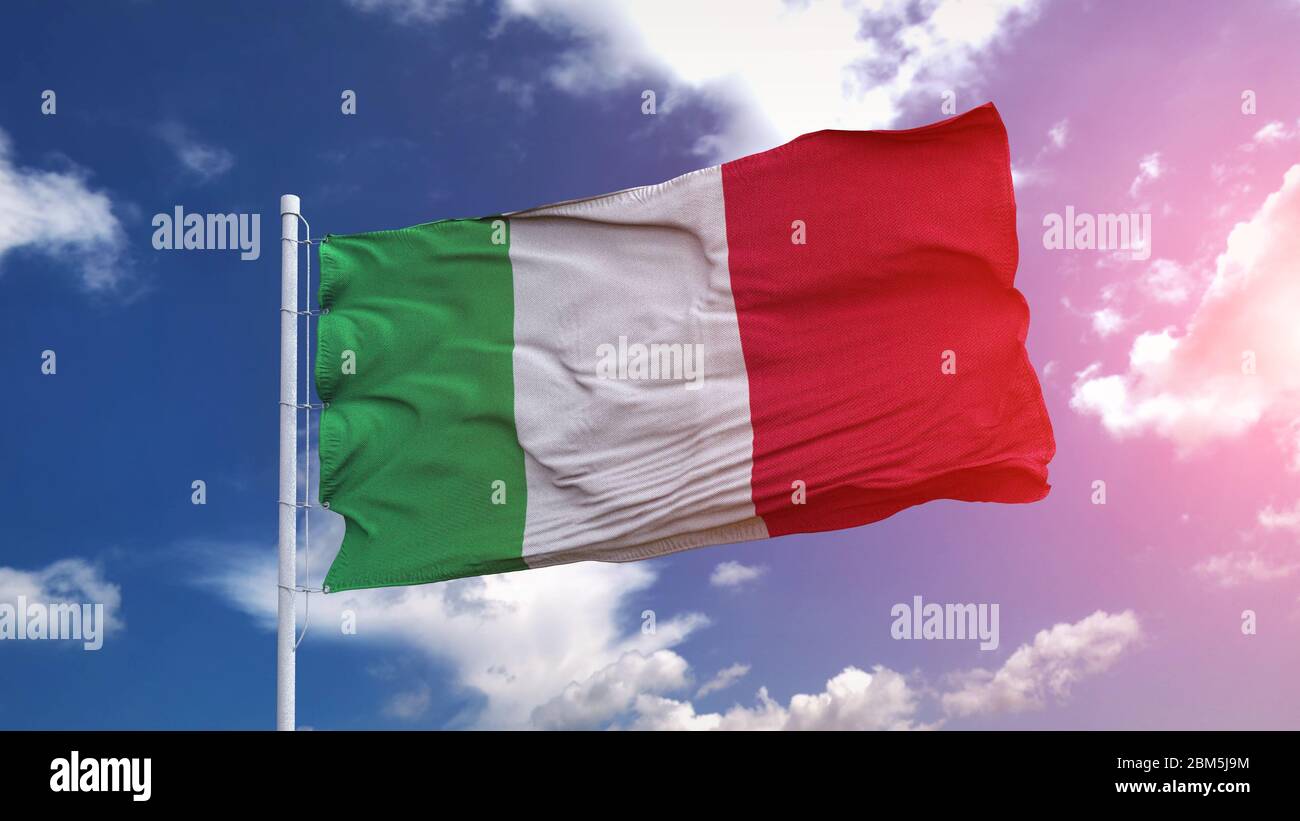Italy national flag waving on the blue sky with beautiful sunlight. 3d ...