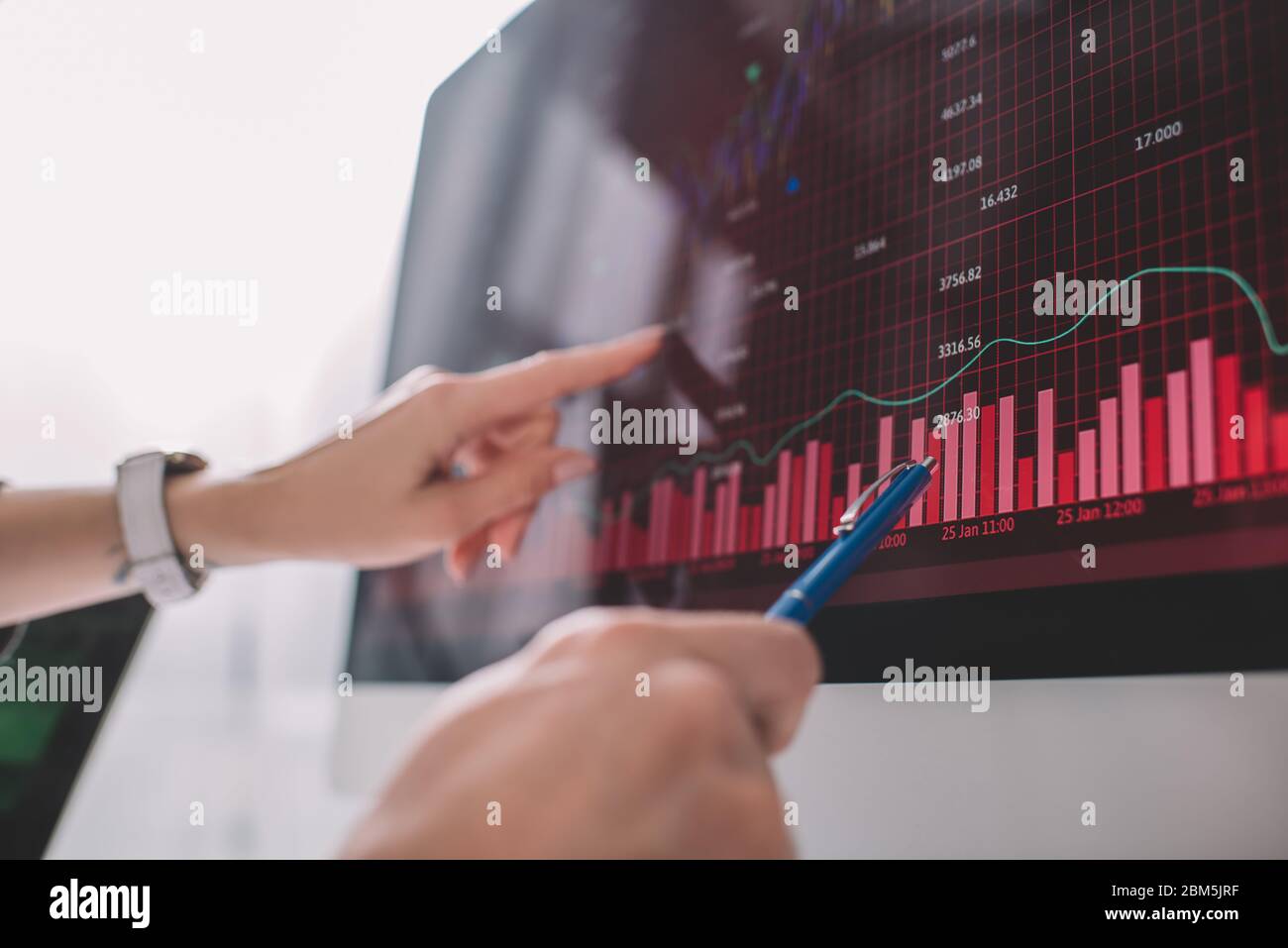 Selective Focus Of Data Analysts Pointing On Graphs On Computer Monitor While Testing Security