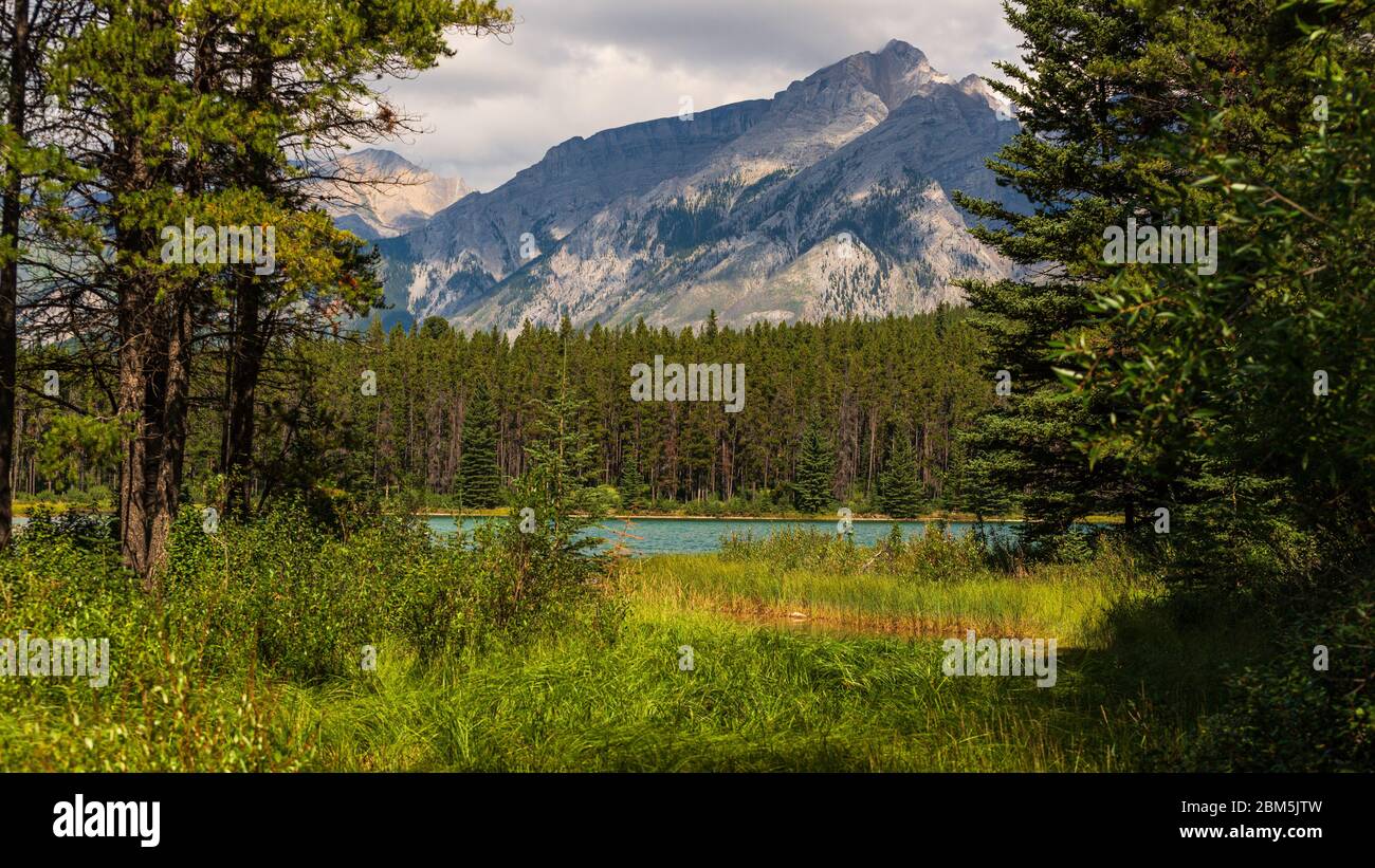 Two Jake lake views, Banff National Park, Alberta, Canada Stock Photo ...