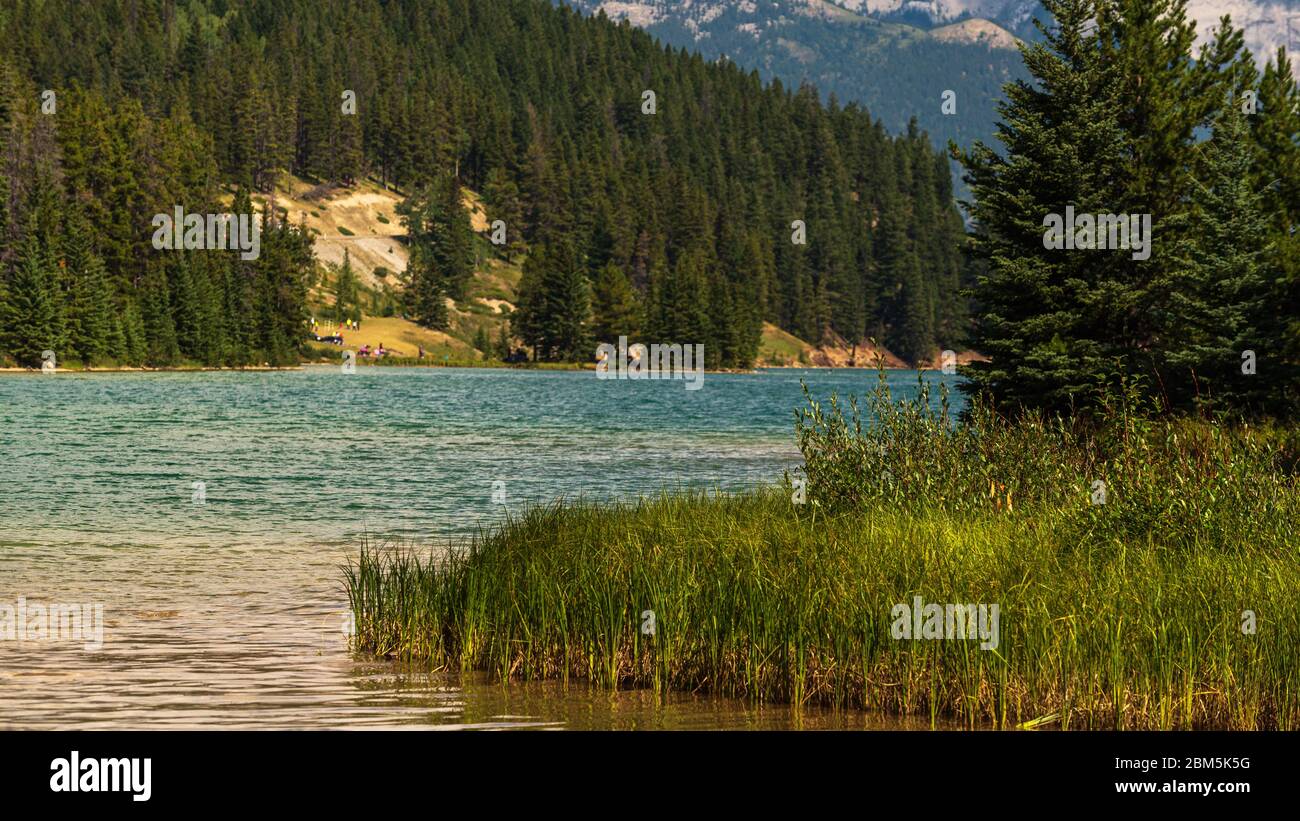 Two Jake lake views, Banff National Park, Alberta, Canada Stock Photo ...