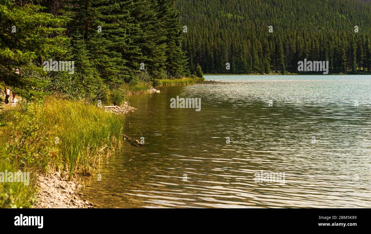 Two Jake lake views, Banff National Park, Alberta, Canada Stock Photo ...