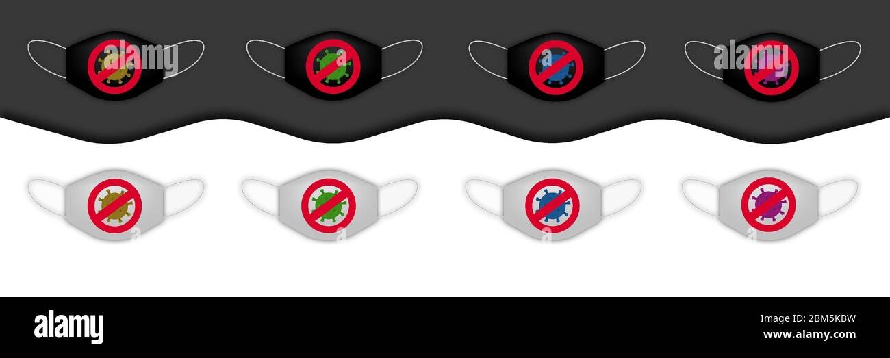 Set of face masks with stylish images of stop virus. Template. Isolated ...