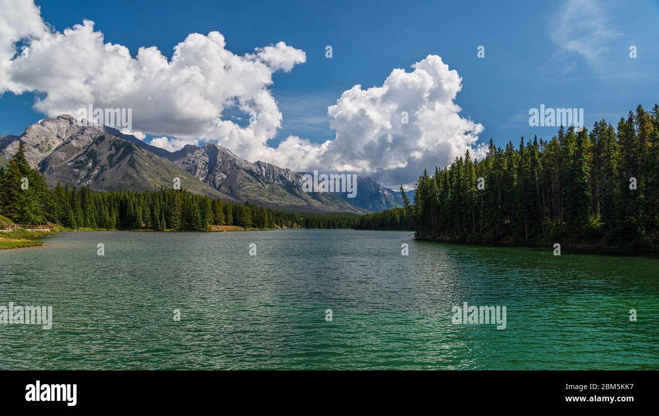 Two Jake lake views, Banff National Park, Alberta, Canada Stock Photo ...