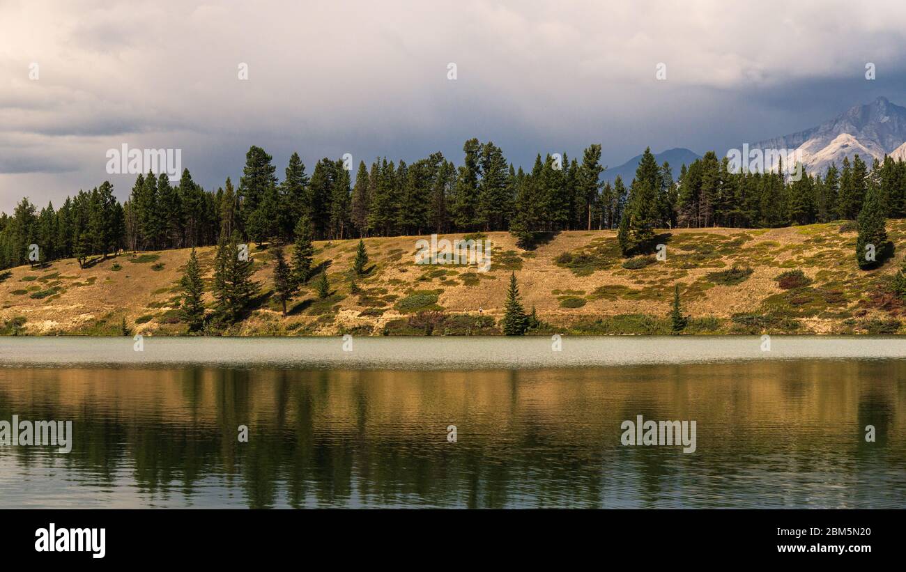 Two Jake lake views, Banff National Park, Alberta, Canada Stock Photo ...