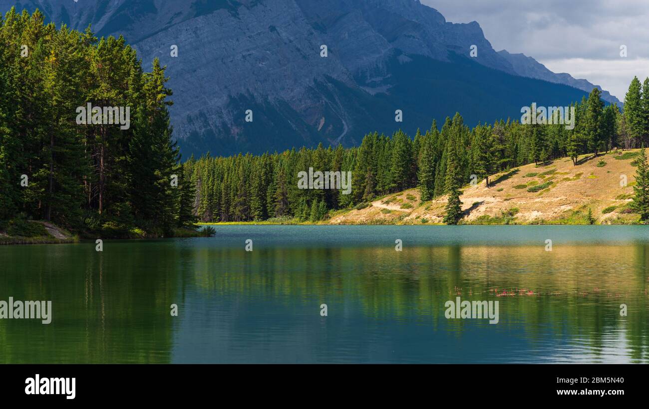 Two Jake lake views, Banff National Park, Alberta, Canada Stock Photo ...