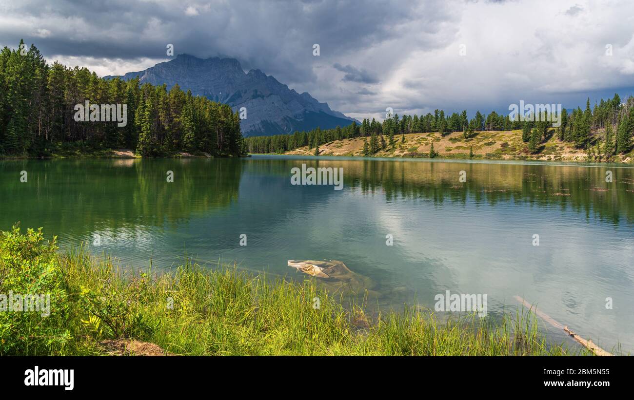 Two Jake lake views, Banff National Park, Alberta, Canada Stock Photo ...