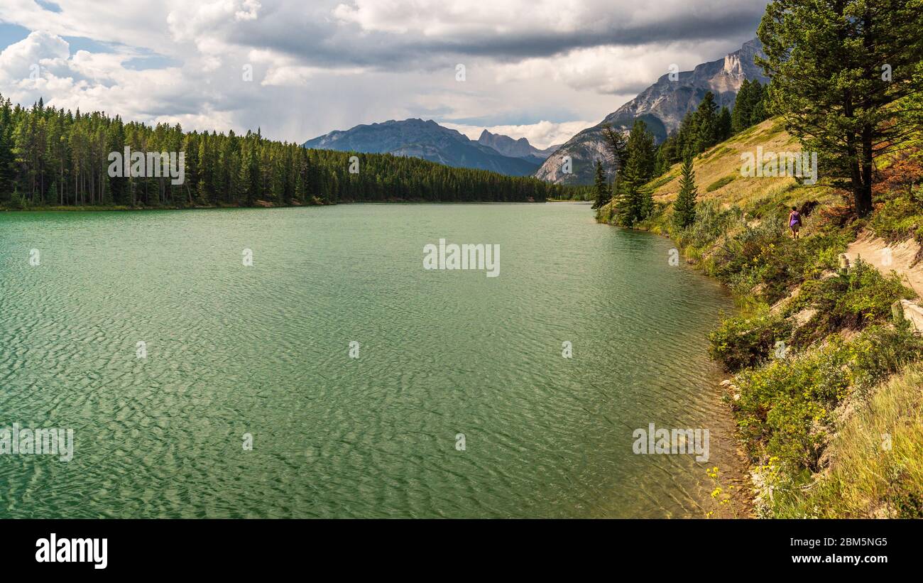 Two Jake lake views, Banff National Park, Alberta, Canada Stock Photo ...