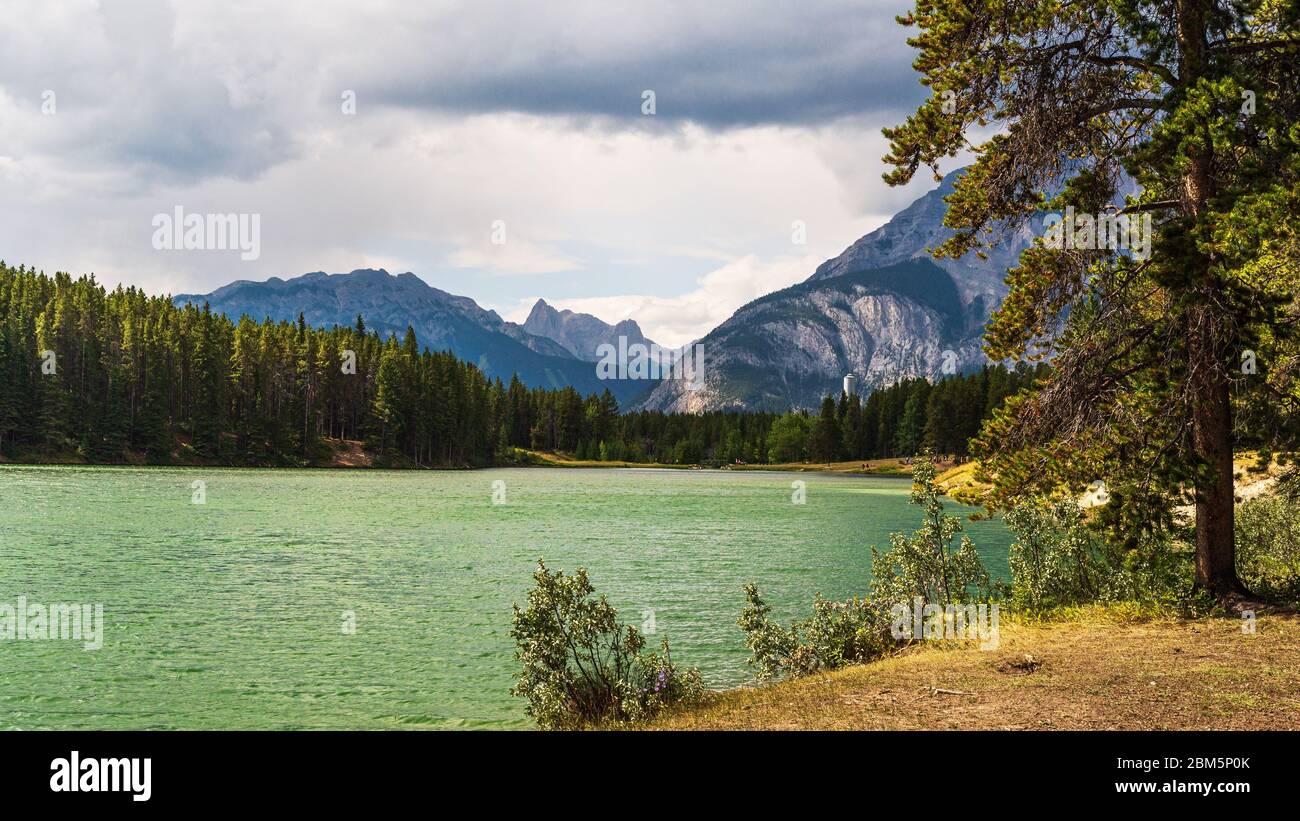 Two Jake lake views, Banff National Park, Alberta, Canada Stock Photo ...