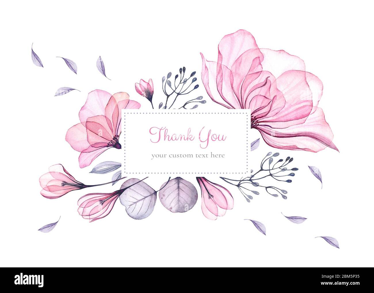 Watercolor floral Thank you card template. Bouquet with big pink roses ...