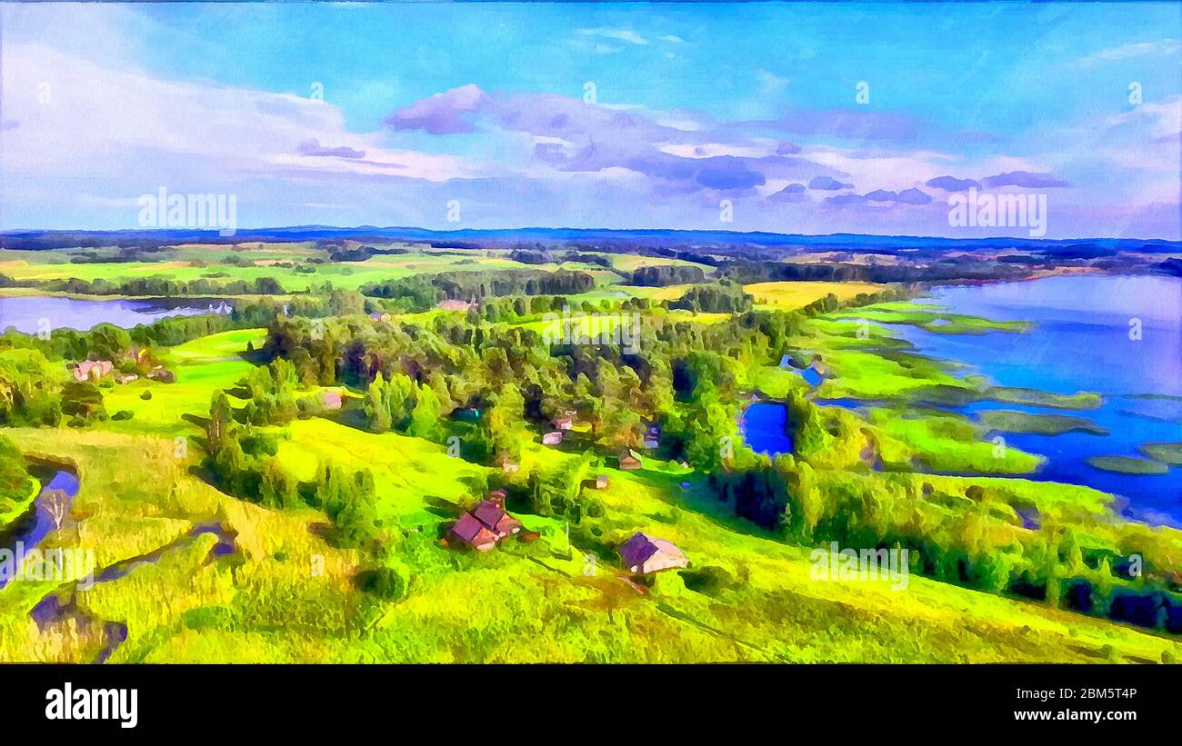Beautiful rural landscape colorful painting looks like picture Stock ...