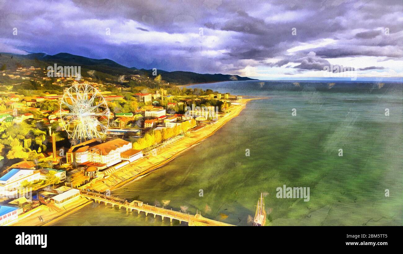 Aerial view on seashore resort area colorful painting looks like ...