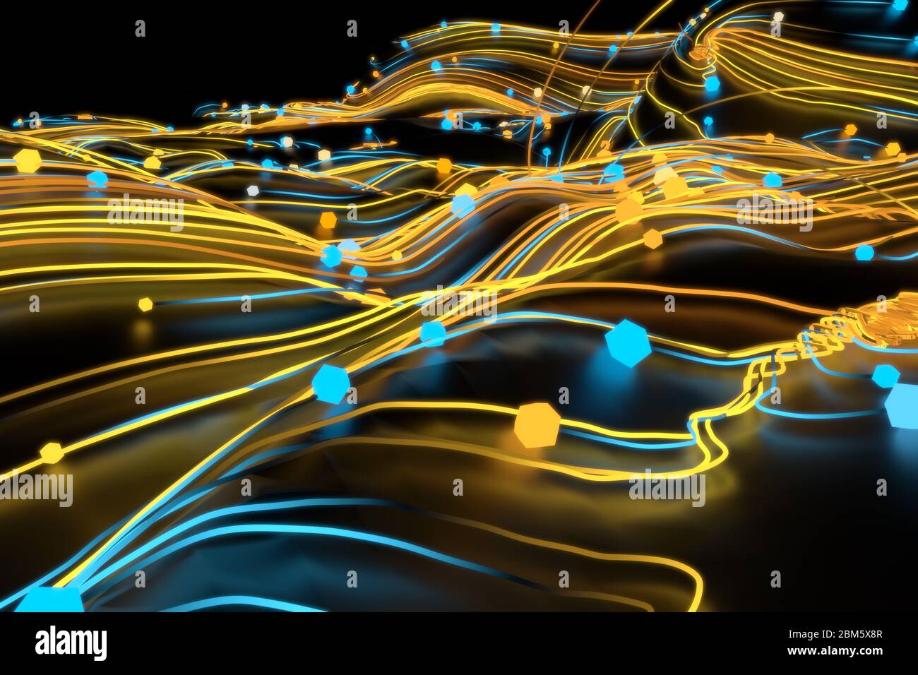 Neon glowing twisted cosmic lines on the glossy surface. Turbulence ...