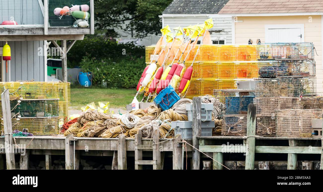 Equipment for fishing and catching lobsters on a pier in maine Stock ...