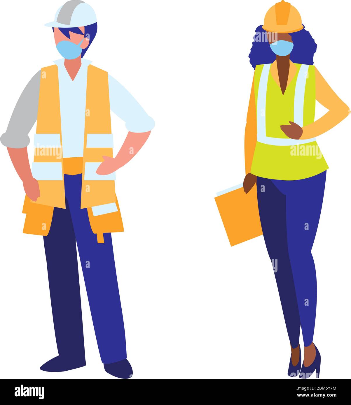 Industrial workers couple working with face mask vector illustration ...