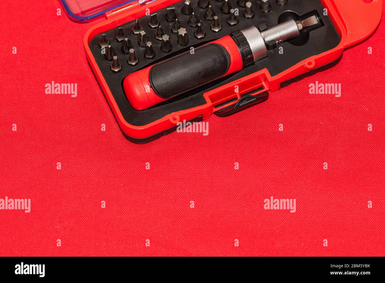 Close up of interchangeable screwdriver set with different types of ...