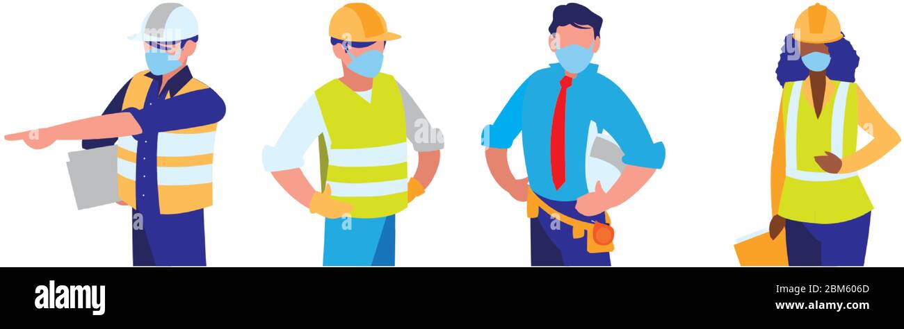 Industrial workers working with face mask vector illustration design ...