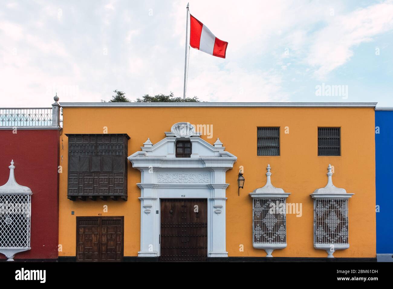 Colorful colonial buildings in the Plaza de Armas of Trujillo Stock ...
