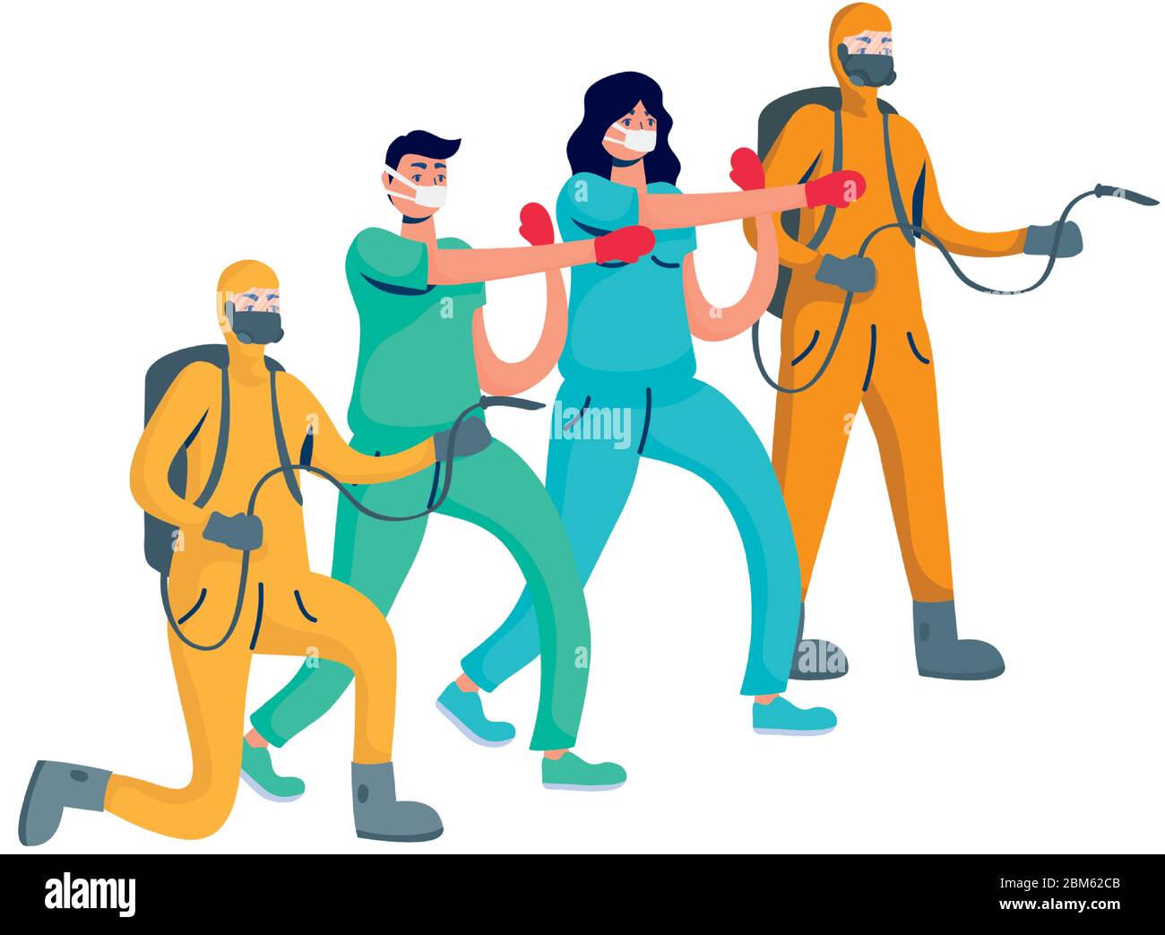 professional doctors couple boxing with gloves and biosafety workers ...