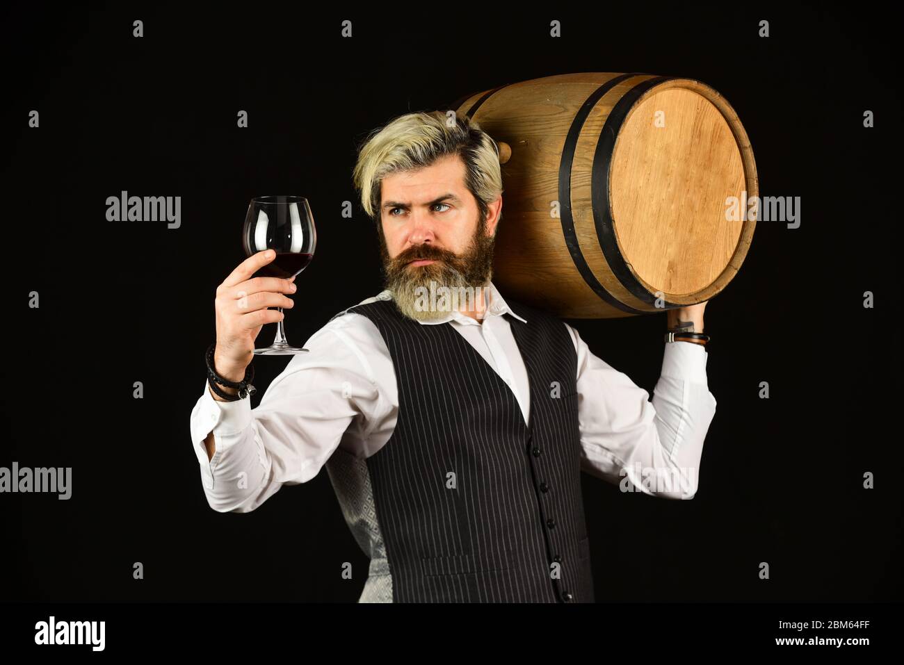 Homemade wine. Producing wine family tradition. Man bearded hipster ...