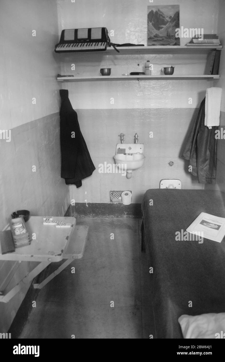 Prison cell in Alcatraz San Francisco California USA bed clothes taps ...