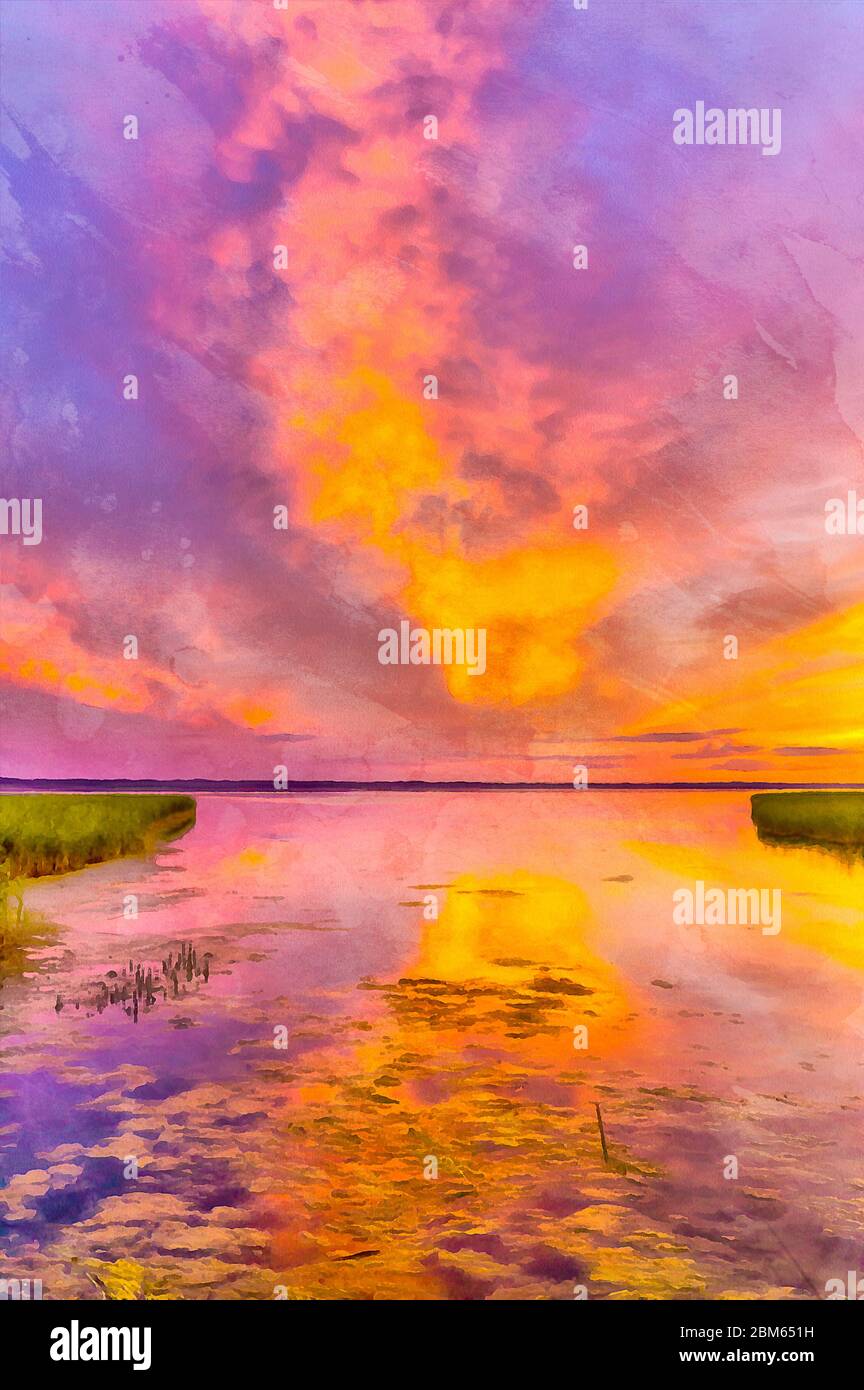 Beautiful dramatic watercolour sunset over hi-res stock photography and ...