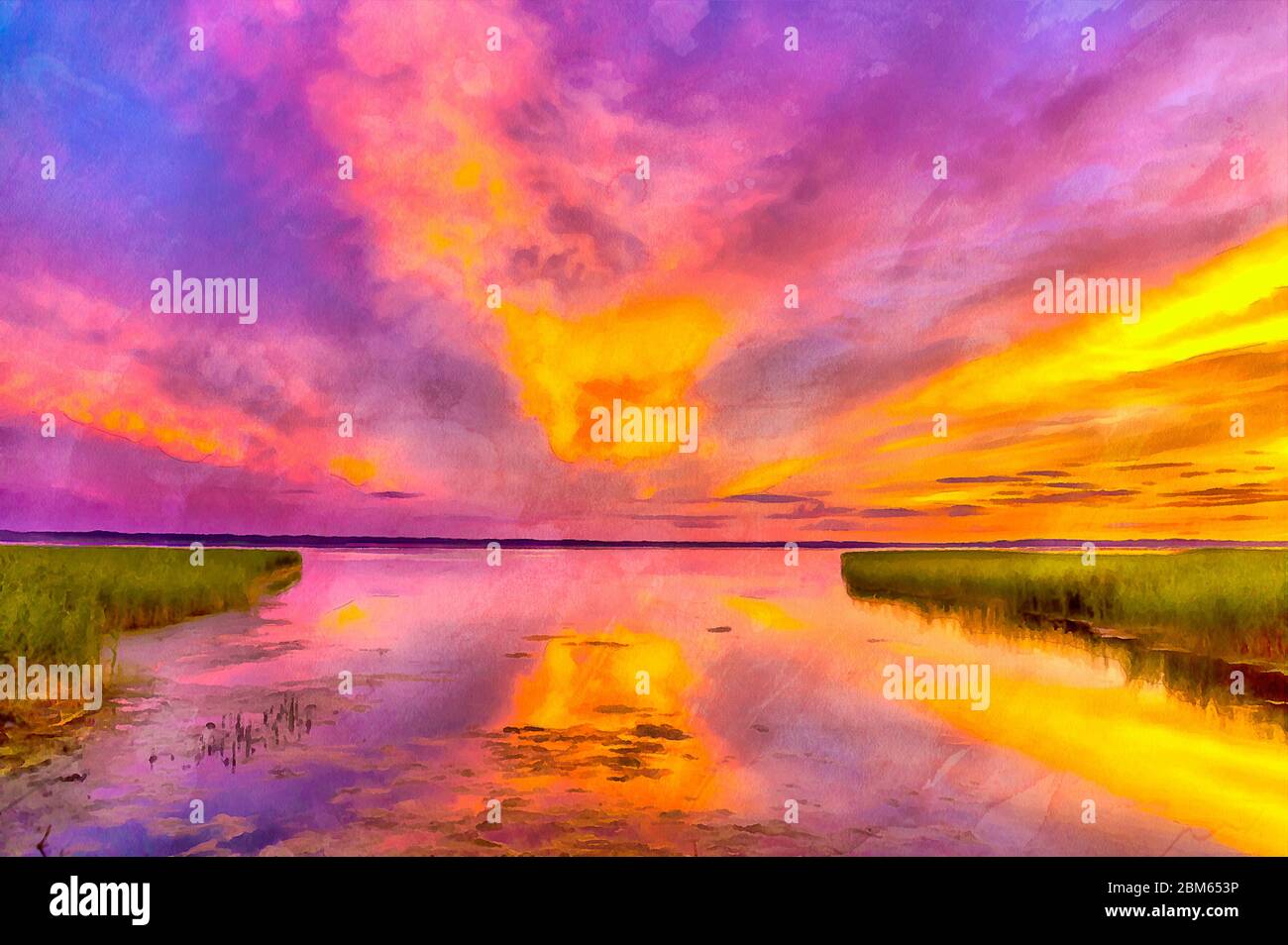 Beautiful colorful sunset over the lake colorful painting looks like ...