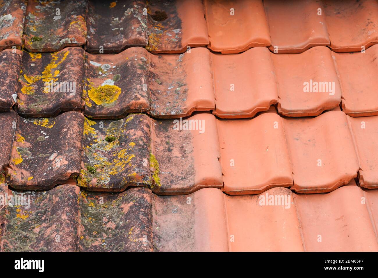 Comparison roof top before and after cleaning moss lichen high pressure ...