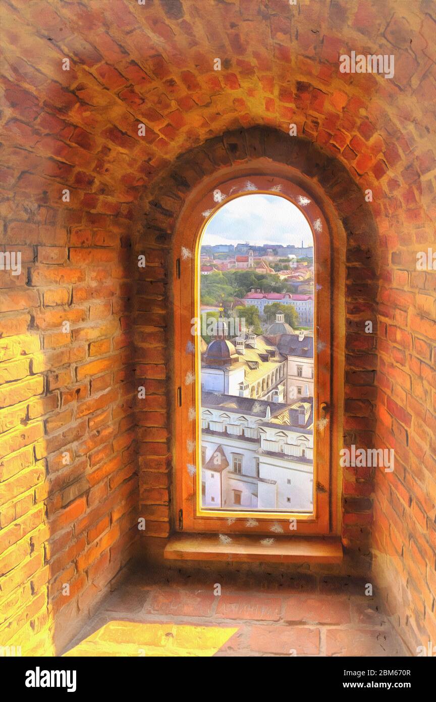 Old stone window view colorful painting looks like picture Stock Photo ...