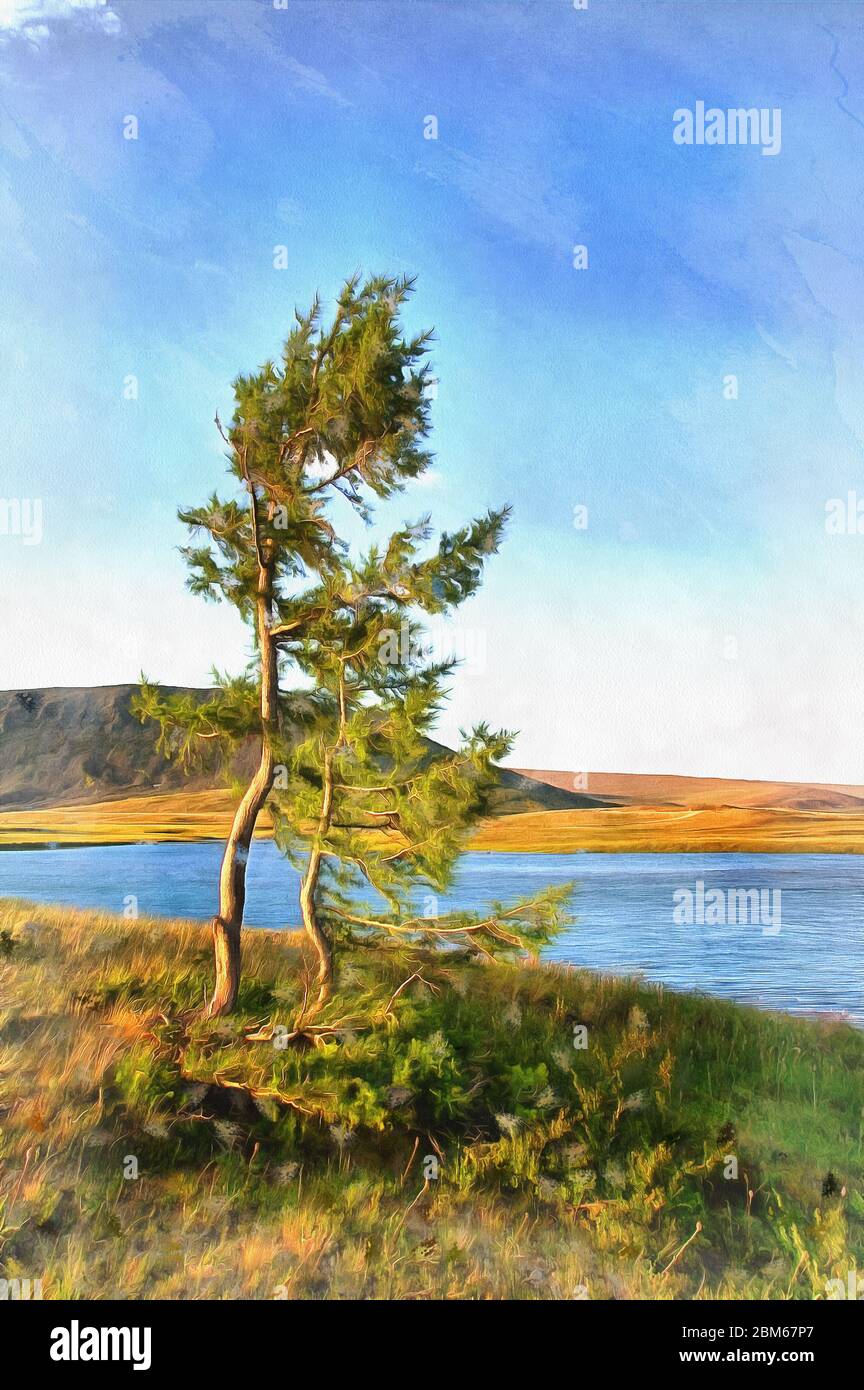 Beautiful tundra landscape with river and lonely tree at Polar Urals ...