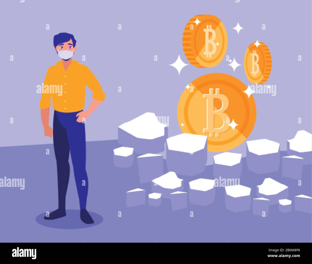 Man with mask and bitcoins of Crypt mining bit money currency and ...