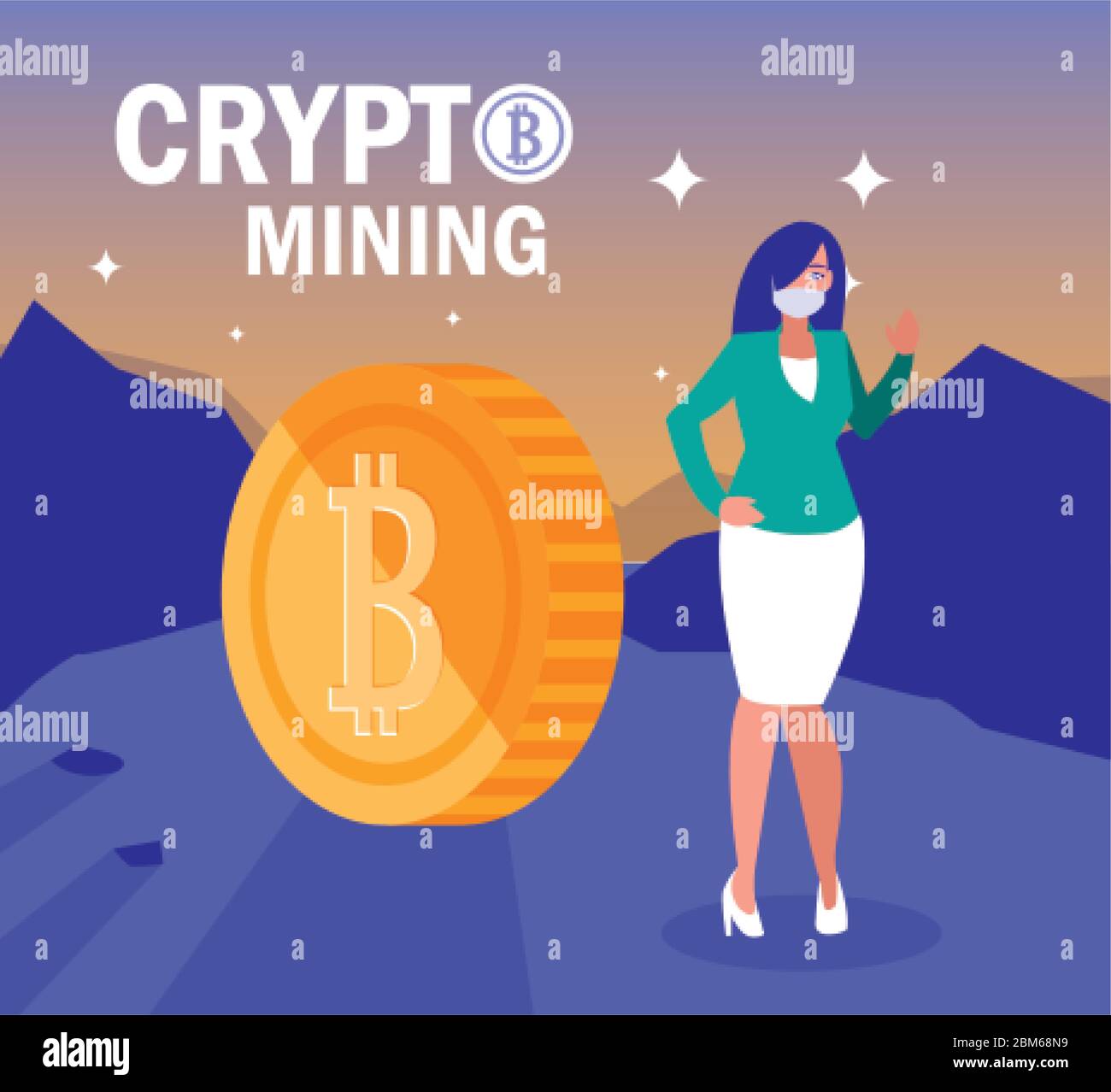 Woman with mask and bitcoin of Crypt mining bit money currency and ...