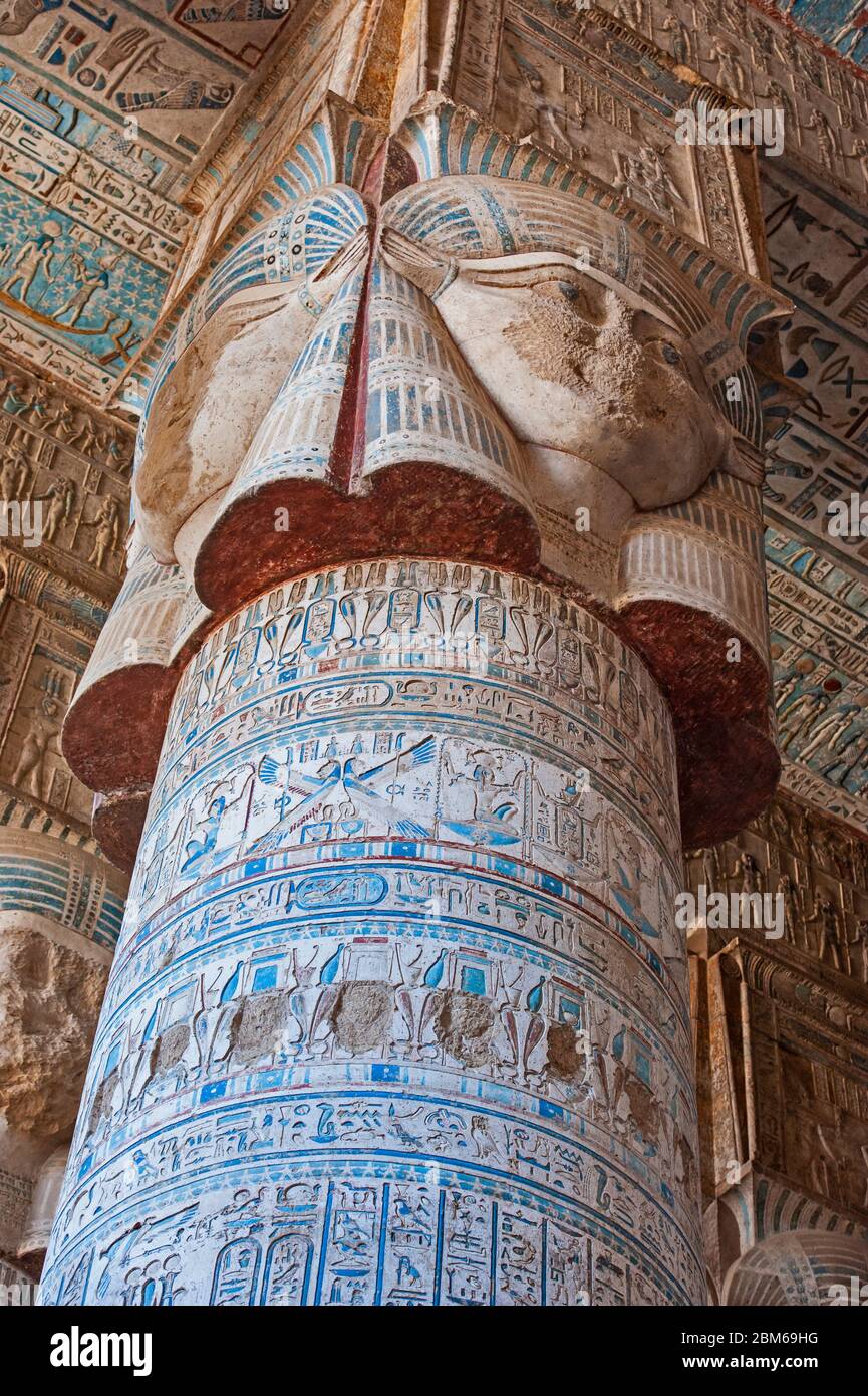 Hieroglypic painting carvings on columns at the ancient egyptian temple ...