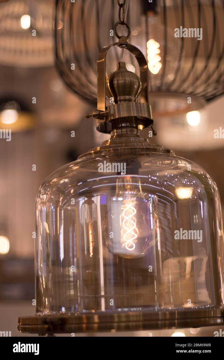 LED modern lights and bulbs on display in store lighting department ...