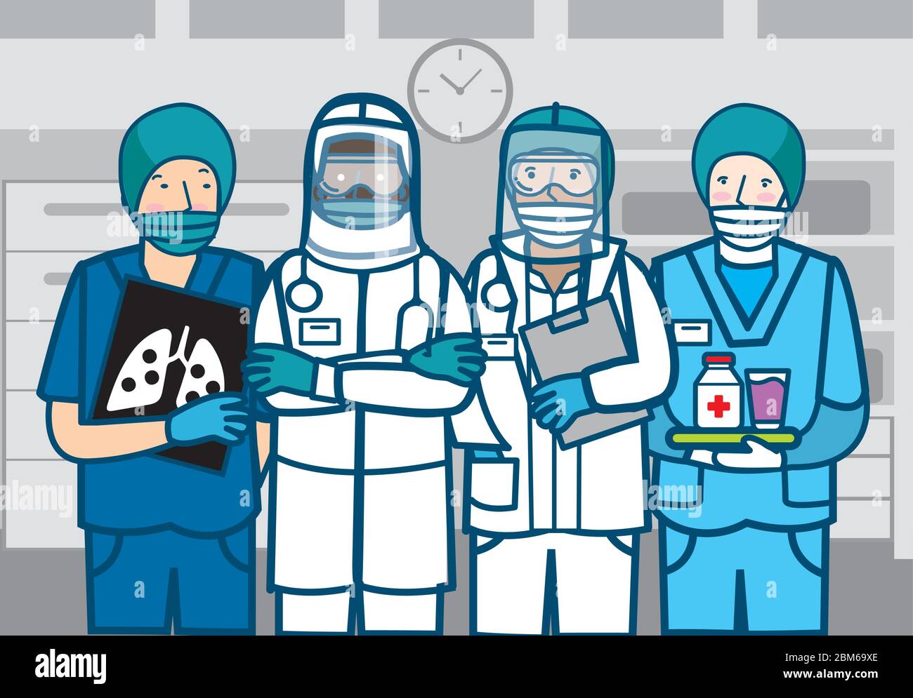 Team of multiracial doctors and nurses with face mask and protector, in ...