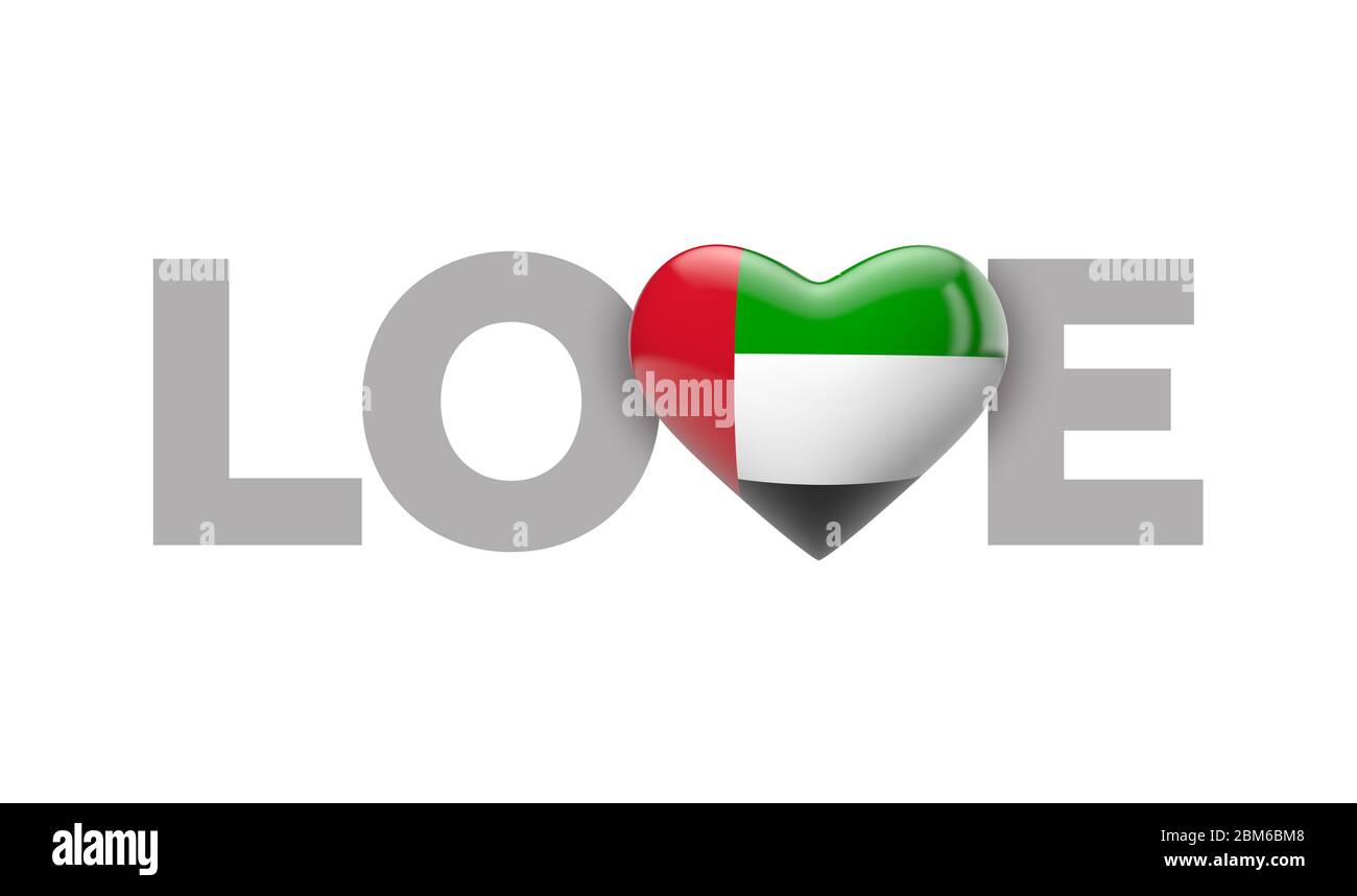 Love UAE heart shaped flag with love word. 3D Rendering Stock Photo - Alamy