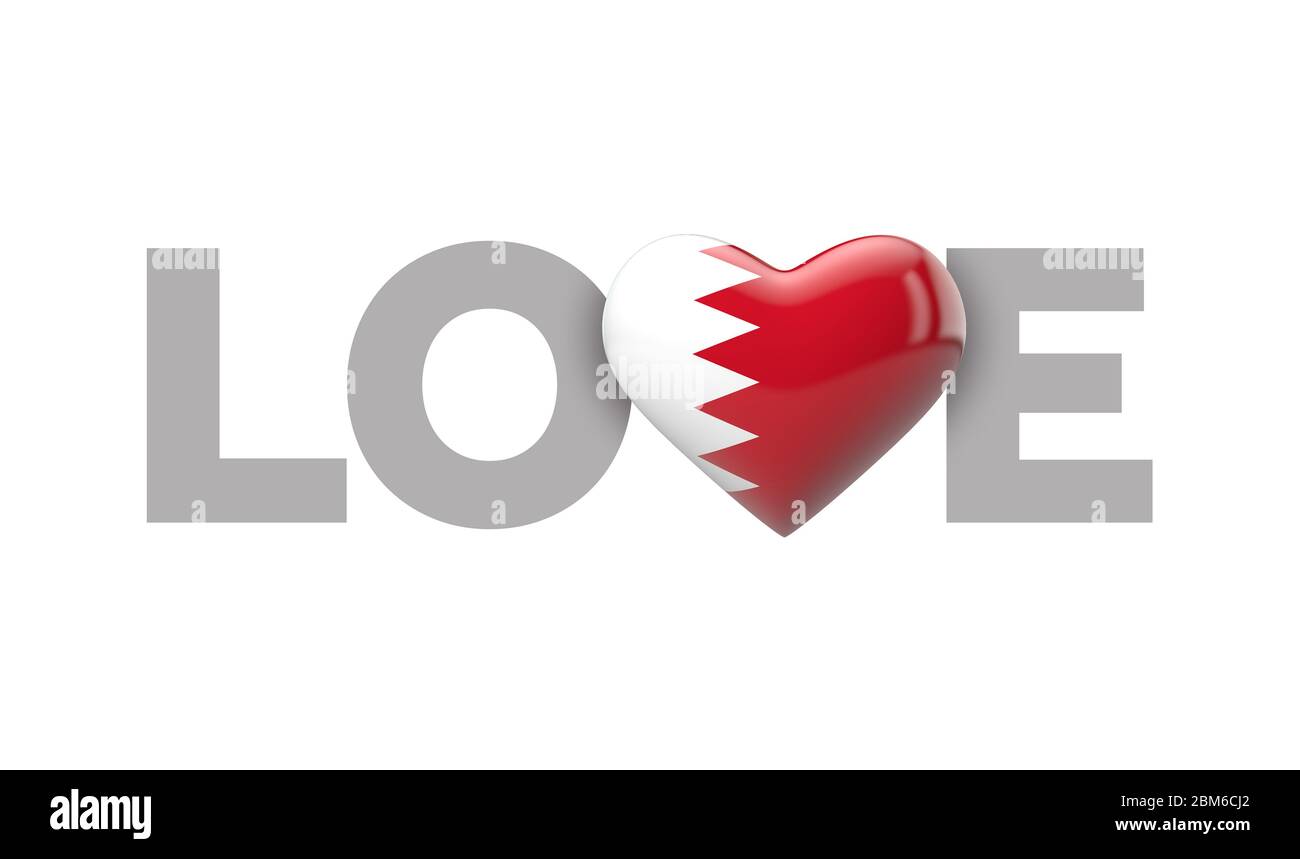 Love Bahrain heart shaped flag with love word. 3D Rendering Stock Photo ...