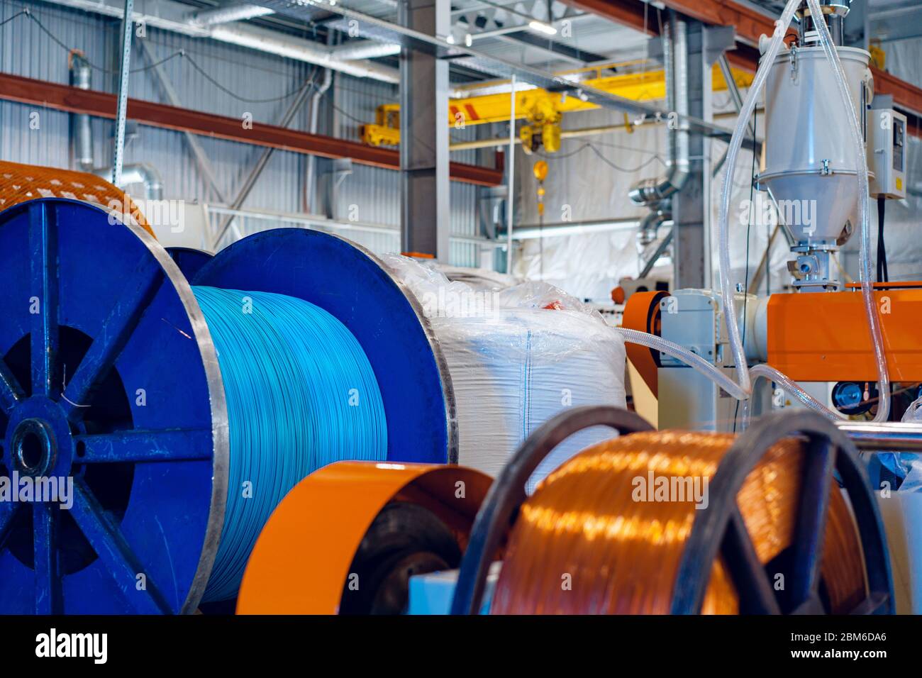 Production of copper wire, cable in reels at factory. Cable factory ...