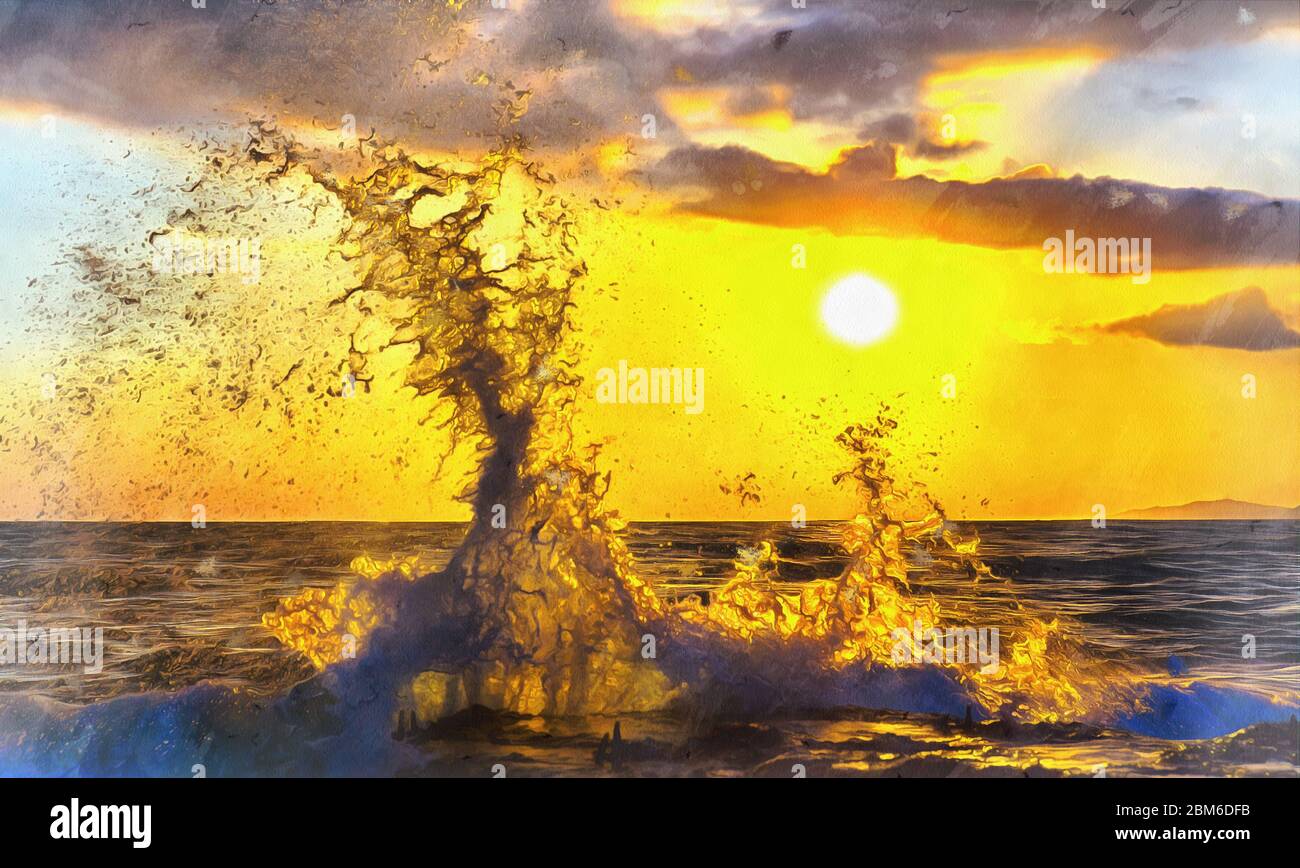 Beautiful scene with wave splash at sunset beams colorful painting ...