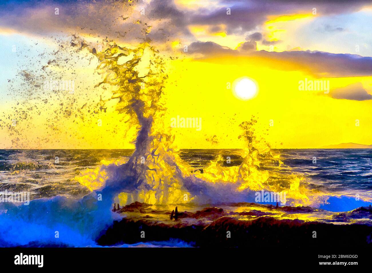Beautiful scene with wave splash at sunset beams colorful painting ...