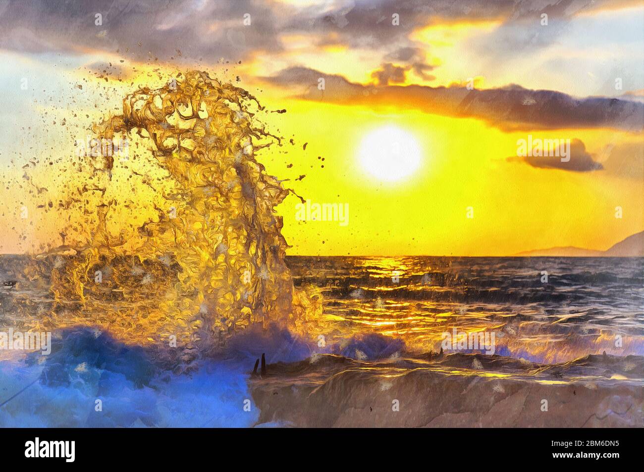 Beautiful scene with wave splash at sunset beams colorful painting ...