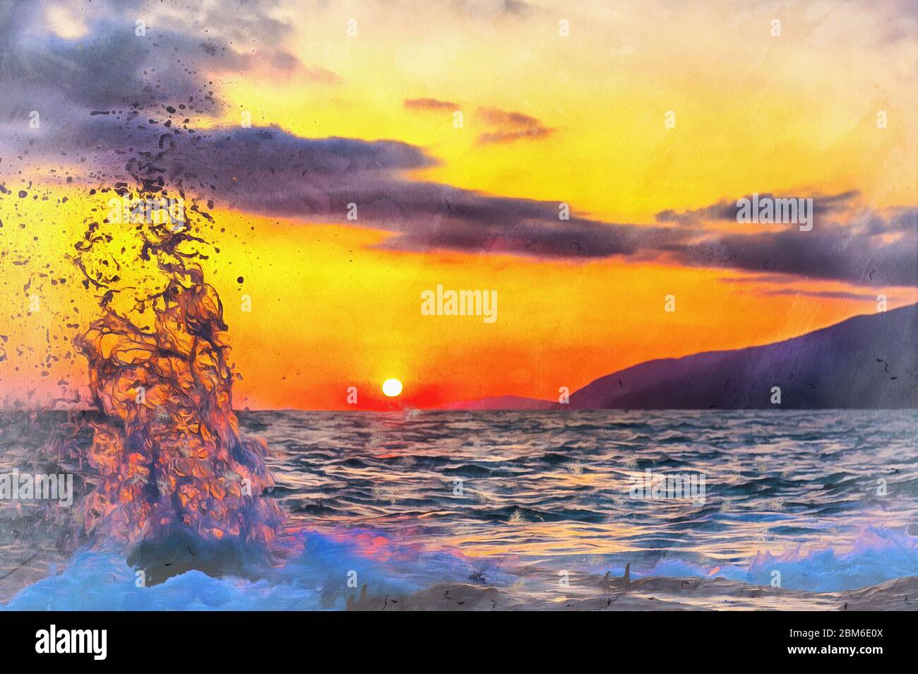 Beautiful scene with wave splash at sunset beams colorful painting ...