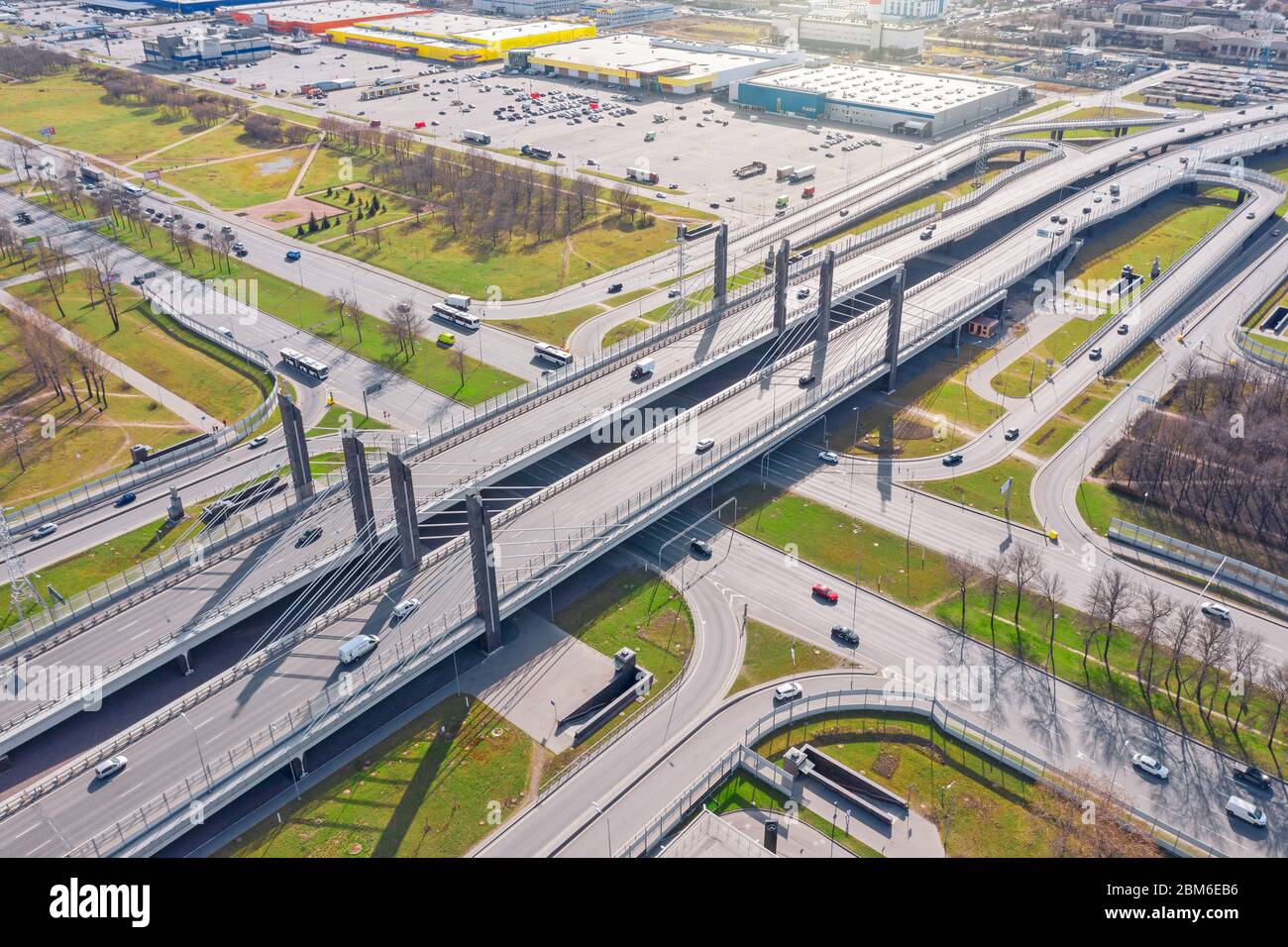Crossroads of two major highways with cable-stayed bridge and road ...