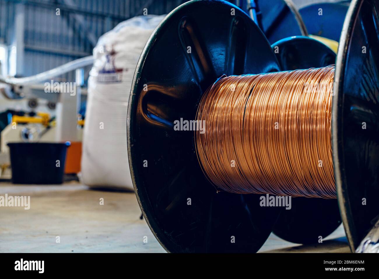Production of copper wire, cable in reels at factory. Cable factory ...